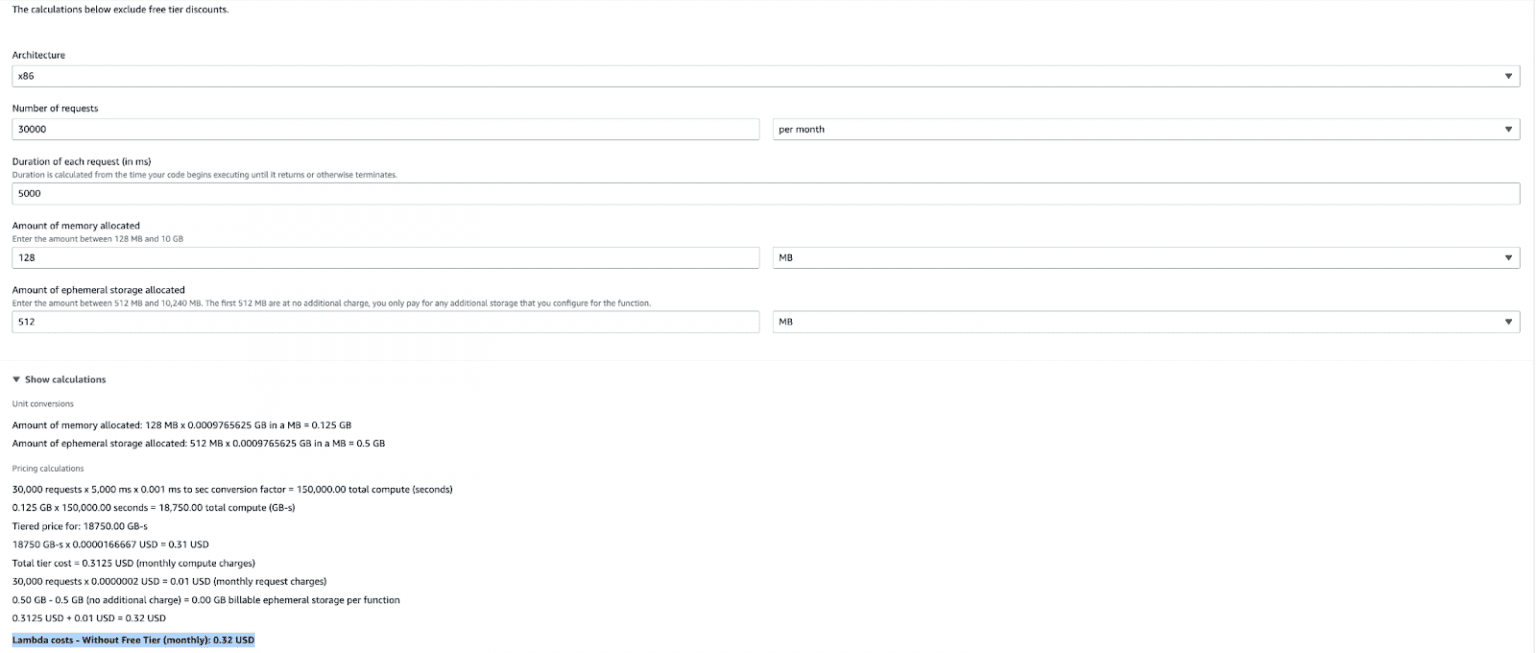 AWS Lambda Pricing for a Serverless Application